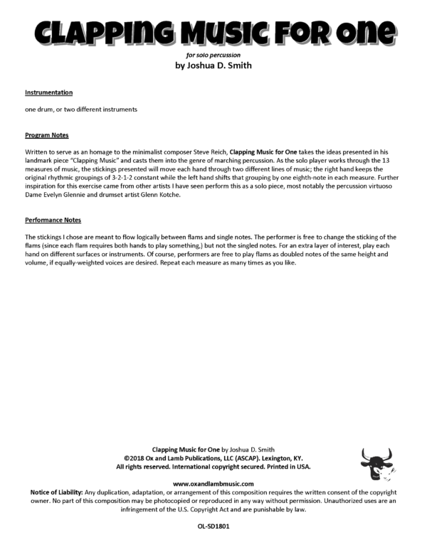 Clapping Music for One – Ox and Lamb Percussion Publications