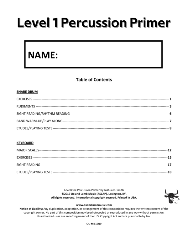 Level 1 Percussion Primer – Ox and Lamb Percussion Publications
